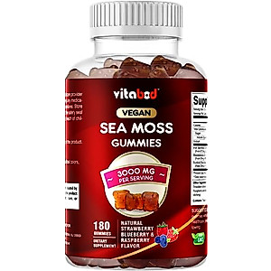 Vitabod Irish Sea Moss Gummies - 3000 mg - 180 Vegan Gummies - Made with Bladderwrack & Burdock Root - Seamoss Supplement for Thyroid, Energy, Immune Support