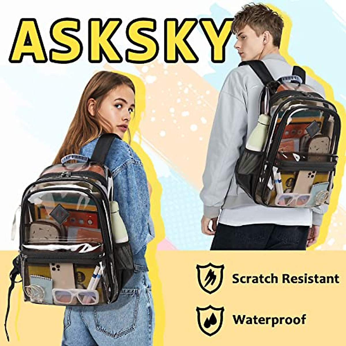 ASKSKY Clear Backpack Stadium Approved, Thriple Compartments Book Bag Heavy Duty Black PVC See Through Backpack for School for College Travel Work Festival, Black and Grey