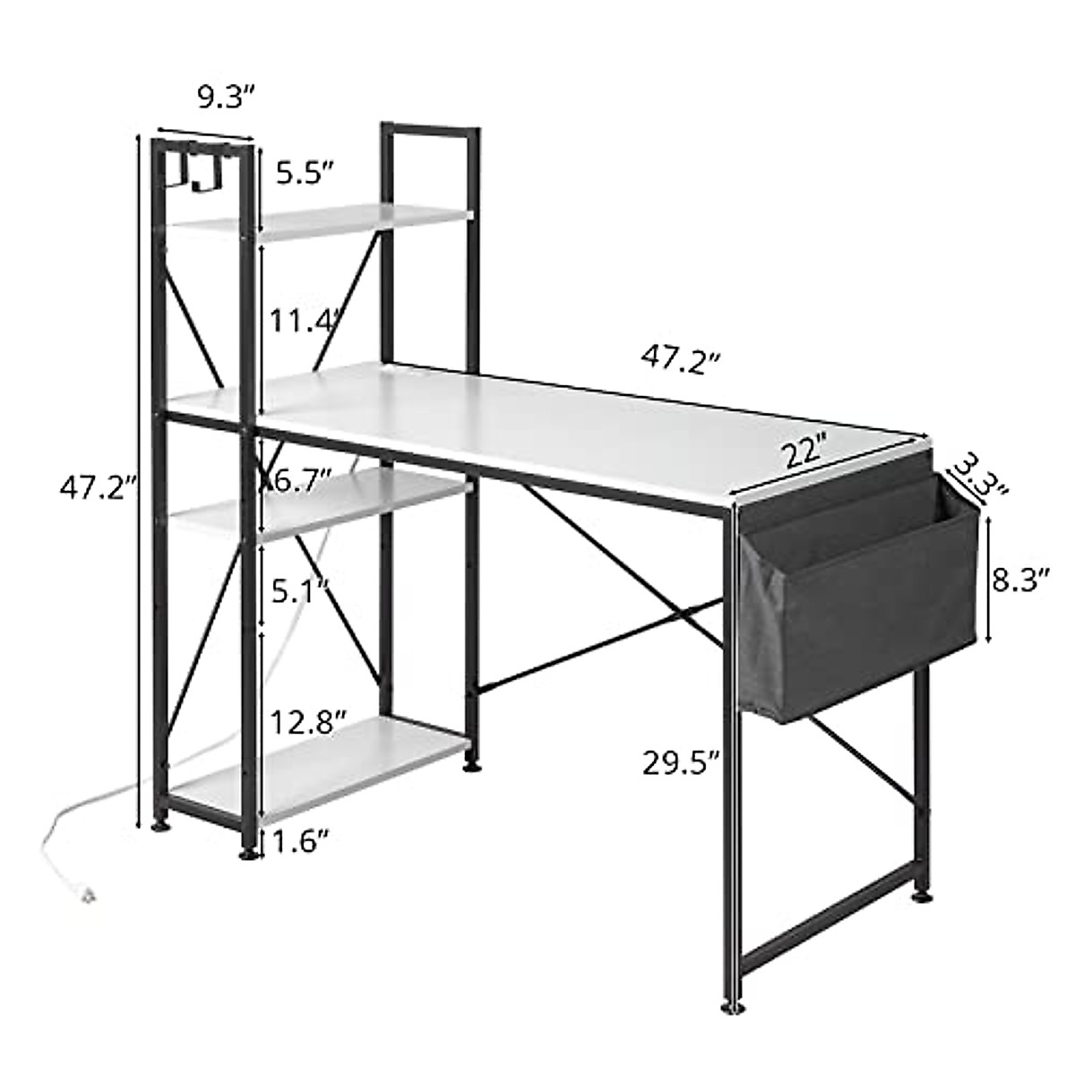Karl home Computer Desk with Power Outlet & Storage Shelves 47" Home Office Workstation Study Writing Table with Charging Station & Hooks for Home, Studio, Office, Apartment, White