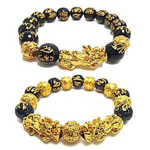 Feng Shui Wealth Pi Xiu Bracelet, 2 Pcs Black Amulet Bead Bracelets for Women Men Attract Wealth Money Good Luck Feng Shui Jewelry