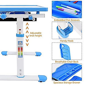 Height Adjustable Kids Desk and Chair Set - Homework Table and Chair Set with T-ilted Table & Pull Out Storage Drawer - Student Study Desk for Boys and Girls Writing Drawing Painting (Blue, A)