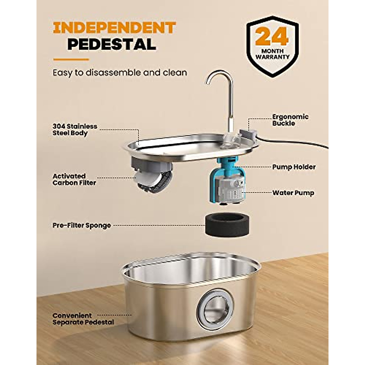 SOOFPET Cat Water Fountain with Water Level Window, 108oz/3.2L Water Fountain for Cats Inside, Stainless Steel Pet Water Fountain Dog Water Dispenser, Faucet Shape, Quiet Pump, for Dogs and Cats