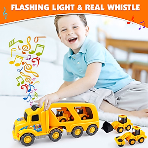 aotipol Construction Toy Trucks for 3-6 Year Old Boys & Girls, 5 in 1 Toy Cars with Light and Sound, Friction Power Play Vehicles, Gift Toys for Kids and Toddlers Ages 3-6