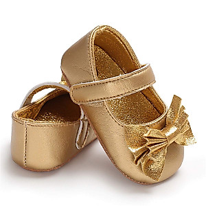 BENHERO Infant Baby Girls Mary Jane Flats Shoes with Bowknot Non Slip Soft Sole PU Leather First Walker Cirb Shoes Toddler Princess Wedding Dress Shoes(0-6 Months Infant),A-Gold