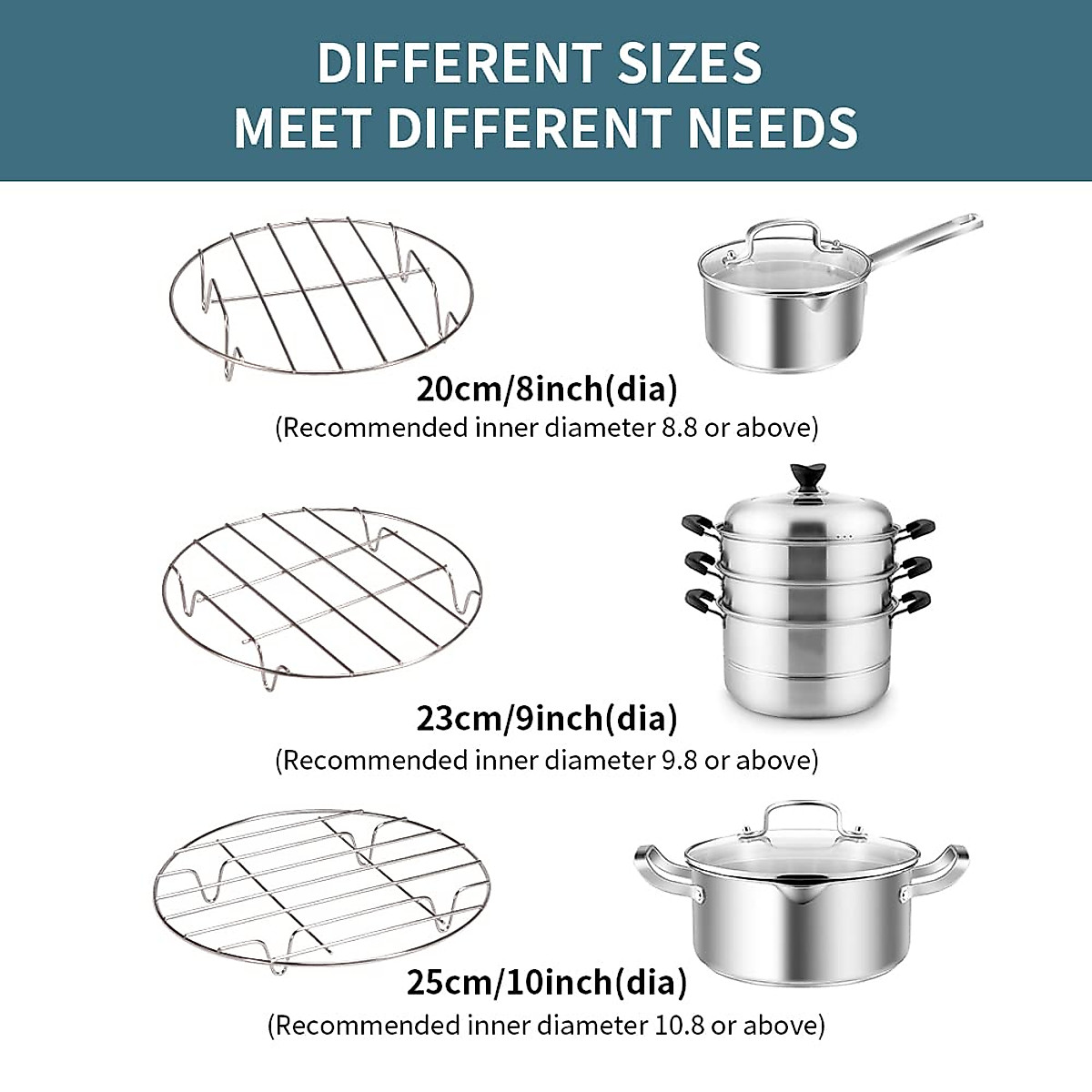 Round Cooling Rack - 3 Pack Steamer Racks Set - Stainless Steel Circle Roasting Rack, 3 Pcs (8" & 9" & 10") Steaming Cake Pot Rack with Hot Dish Plate Clip for Baking Cooking Grilling Wire Rack