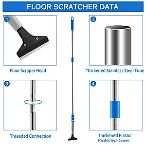 Floor Scraper, 4-inch Razor Blade with 10PCS Extra Metal Blades, Stainless Steel Material Long Handle Switchable 37.8"/52"/66" Sizes, Scraper Tool for Cleaning Stove Top, Glass, Tiles, Wall, Labels