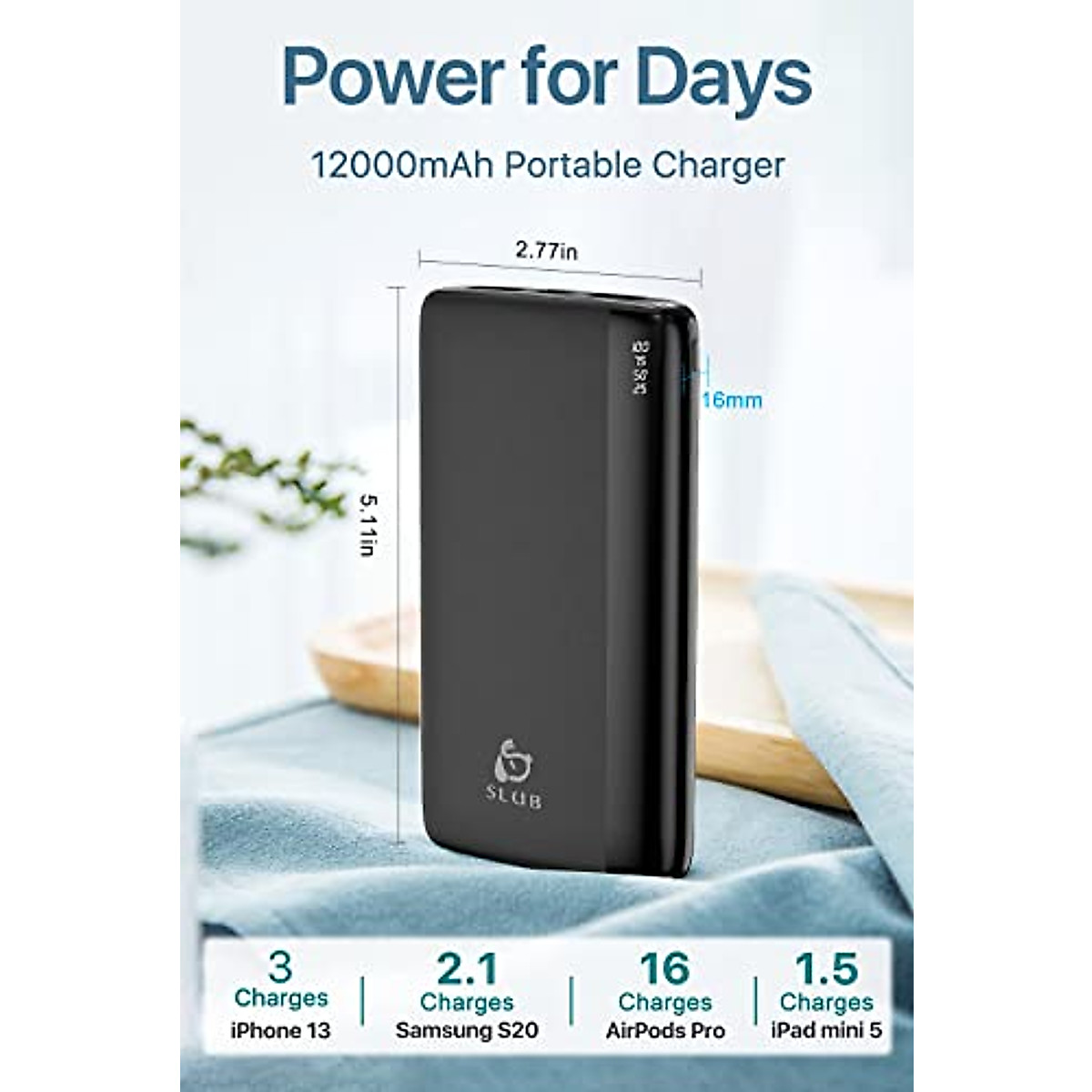 Portable Charger, 12000mAh Dual USB Power Bank with LED Display, Fast Charging Slim External Battery Pack Compatible with iPhone, Samsung Galaxy, Pixel, iPad and More - Black