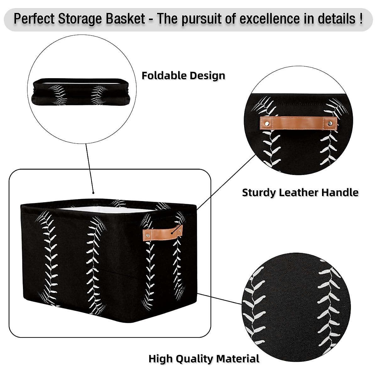 Black Baseball Storage Bin Basket, Softball Large Toys Storage Cube Box with Handles, Collapsible Laundry Basket Rectangular Waterproof Storage Organizer Bin for Nursery Bedroom Shelves Gift Basket