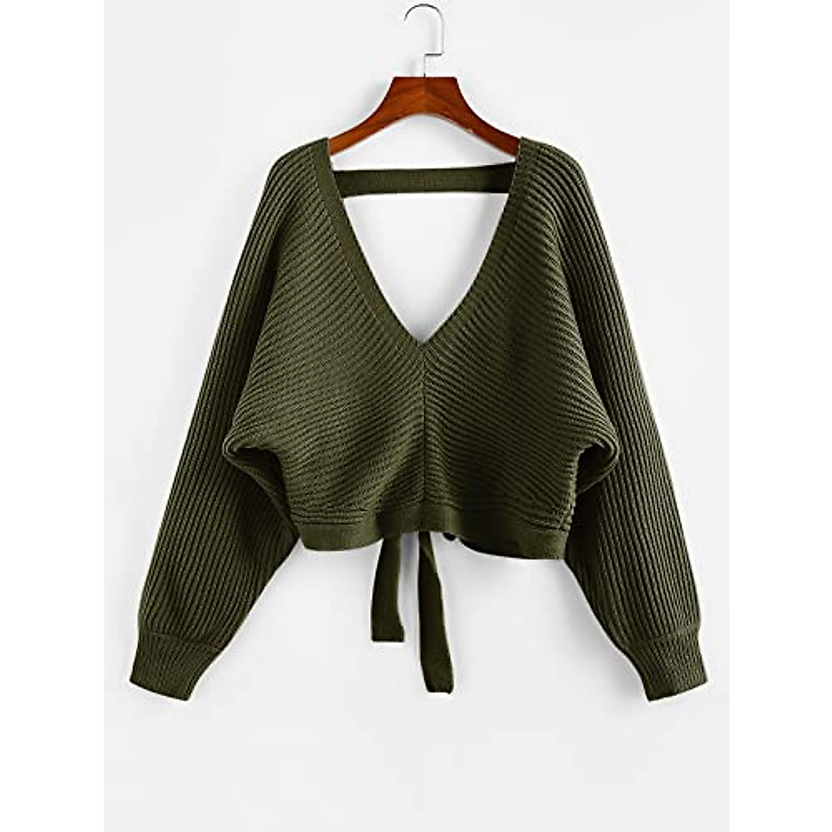 ZAFUL Women's Ripped Solid V Neck Ribbed Knitted Jumper Loose Sweater Long Sleeves Wrap Cropped Pullovers Top