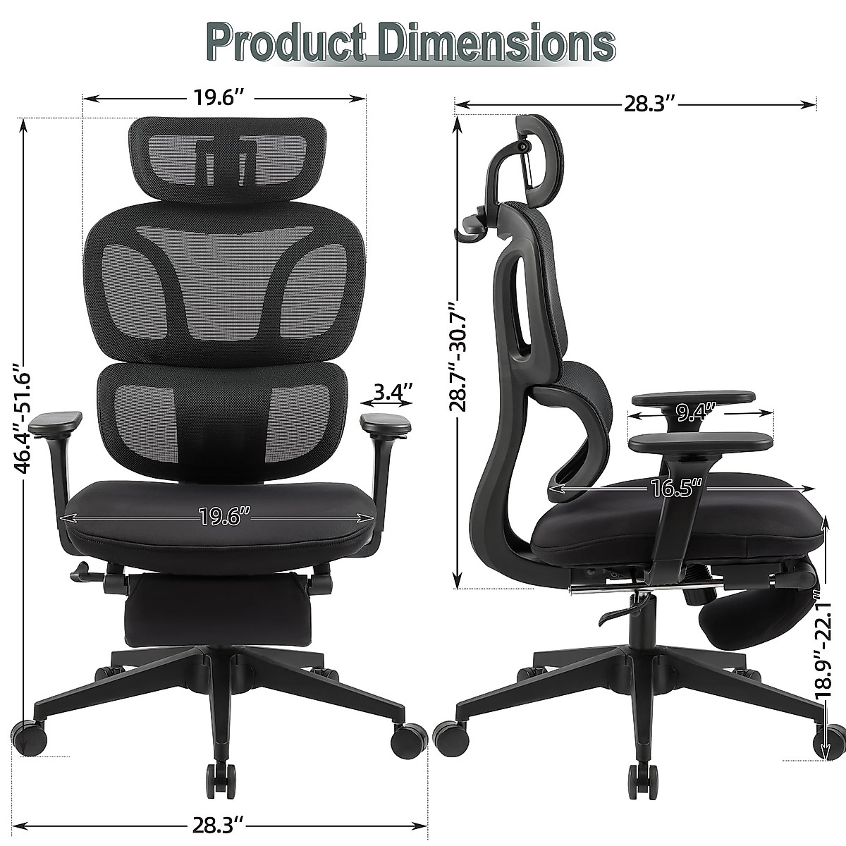 Ergonomic Office Chair with Foot Rest, Coat Hanger, High Back Mesh Computer Chair with Lumbar Support, High Resilience Sponge Seat, Comfy Reclining Home Office Desk Chair, Black