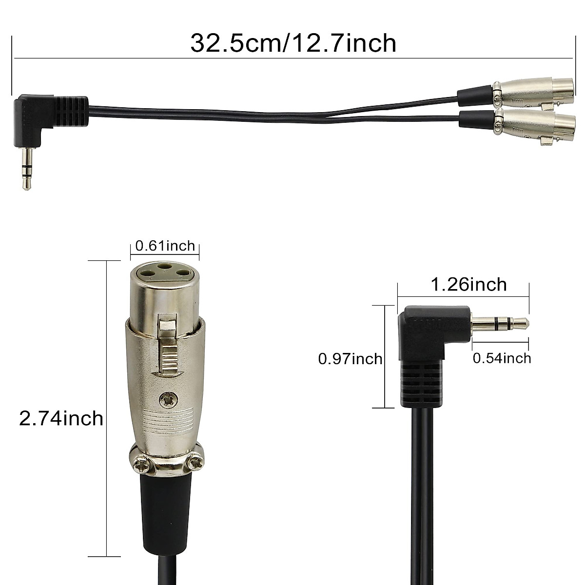 PNGKNYOCN 3.5mm to Dual XLR Y Splitter Cable 90 Degree 1/8" TRS Stereo to 2 XLR Female Microphone Cable for Professional Audio Equipment Such as Microphones, Recorders, etc.(30cm)