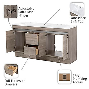 Spring Mill Cabinets D60V40265 Tarni Double 4 Drawers, 2 Cabinets, and White Vanity Top with 2 Sinks, Forest Elm