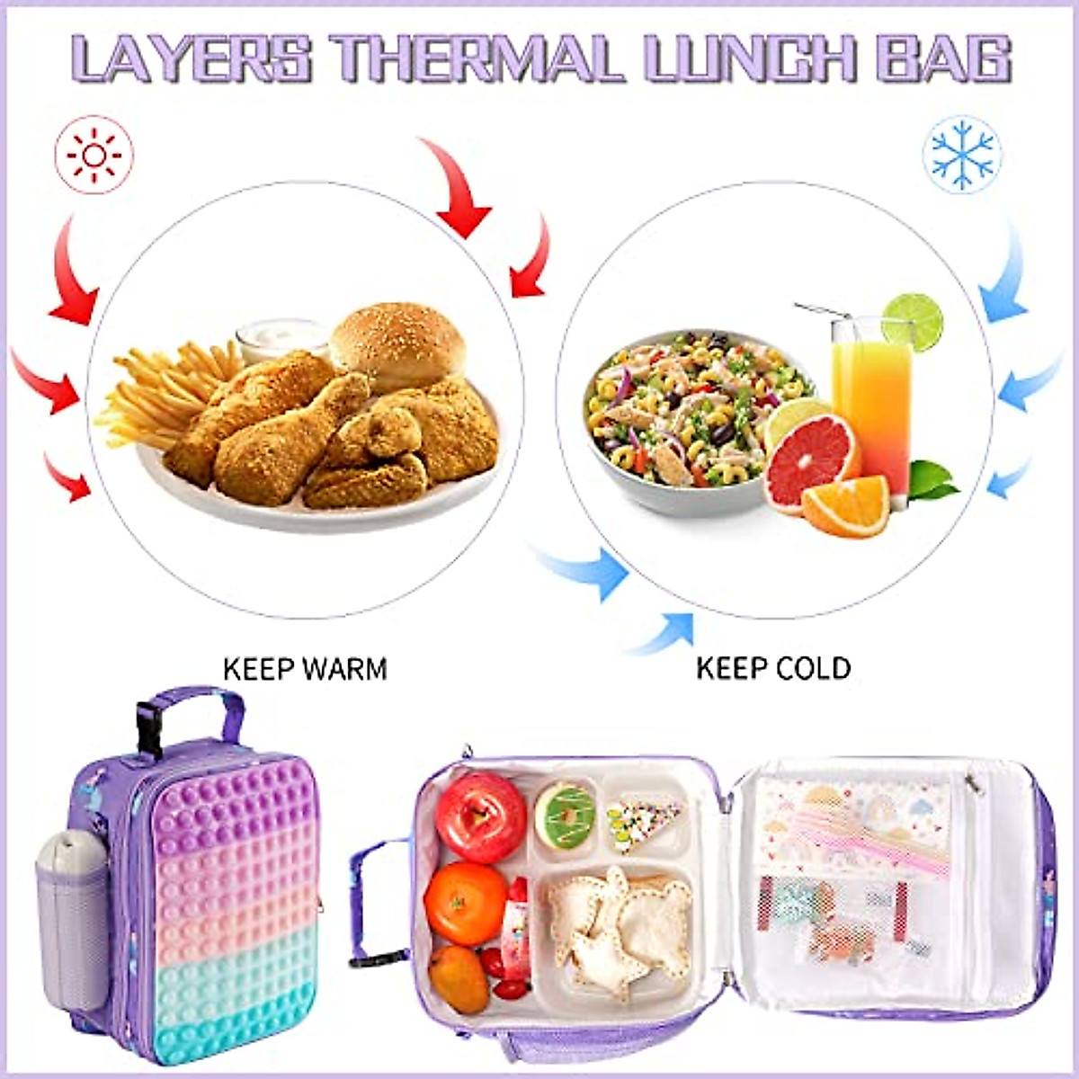 Woosir Lunch Bag for Girls Kids Pop Insulated Lunch Box Mermaid Cute Lunch Tote Bag Box for Girls Fidget Toys Leakproof with Removable Shoulder Strap for Picnic Travel Camping(Mermaid)