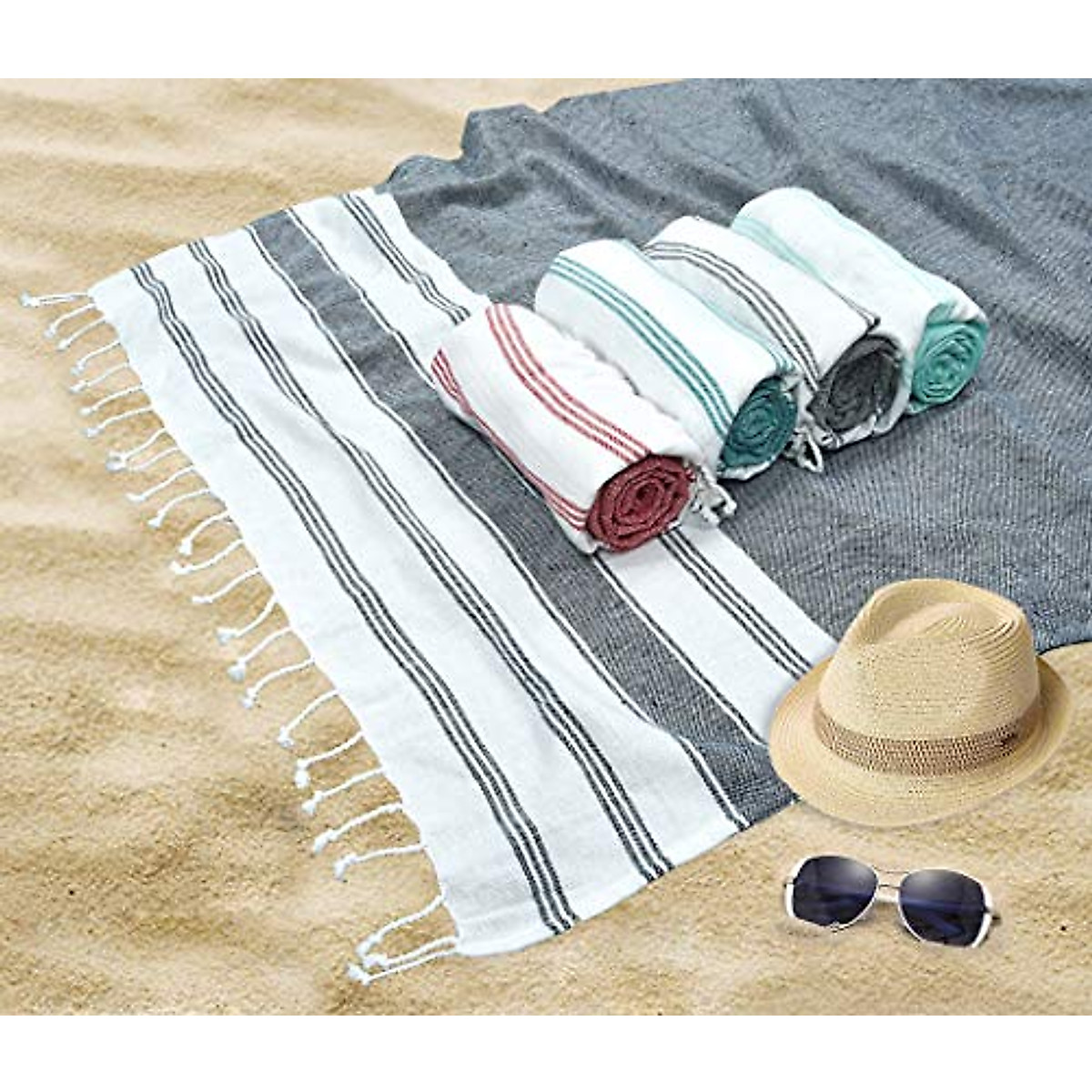 GLAMBURG Peshtemal Turkish Towel 100% Cotton Beach Towels Oversized 36x71 Set of 6, Cotton Beach Towels for Adults, Soft Durable Absorbent Extra Large Bath Sheet Hammam Towel - Navy Blue