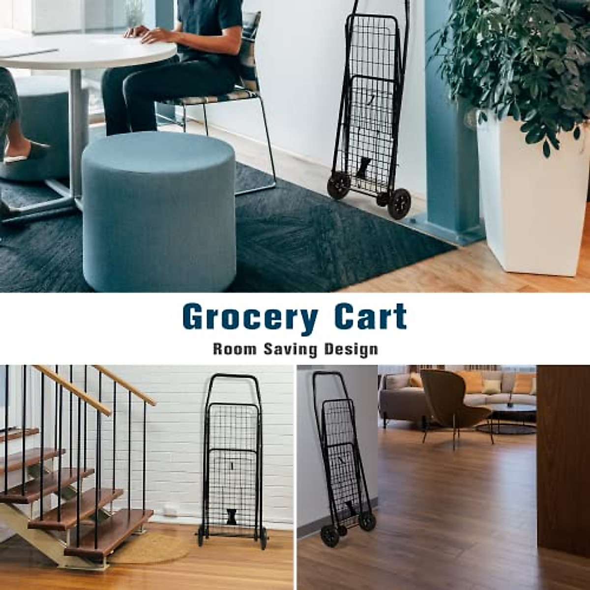 Folding Shopping Cart,Grocery Utility Shopping Cart with Four Wheels,Compact Folding Portable Cart Saves Space for Convenient Storage,Lightweight Easy to Move Holds up to Max 90Ibs,Black