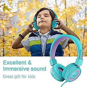 LORELEI X2 On-Ear Kids Headphones with Microphone, Lightweight Folding Stereo Bass Headphones with 1.5m Cord, Portable Wired Headphones for School Trip Airplane(Mint)