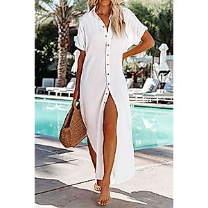 Dokotoo Womens Summer Beach Button Down Kimonos Long Cardigan Short Sleeve Side Split Casual Solid Loose Fit Bathing Suit Swimsuit Cover Ups for Women White Small