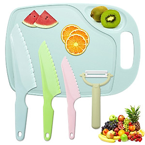 FACATH 5 Pcs Kids Knifes Set, Kitchen Knife and Cutting Board Set, Children's Cooking Knives in 3 Sizes & Colors/Firm Grip, Serrated Edges, BPA-Free Kids' KnivesLettuce and Cutting Board Peeler