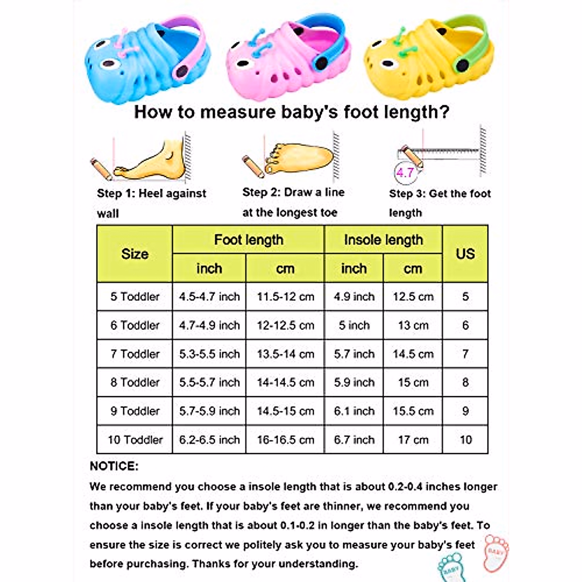 Baby Girls Boys Sandals Kid's Cute Lightweight Shoes Summer Premium Cartoon Sandals Children Caterpillar Non-Slip Beach Water Clogs Shoes Garden Slipper(Yellow,10) S29