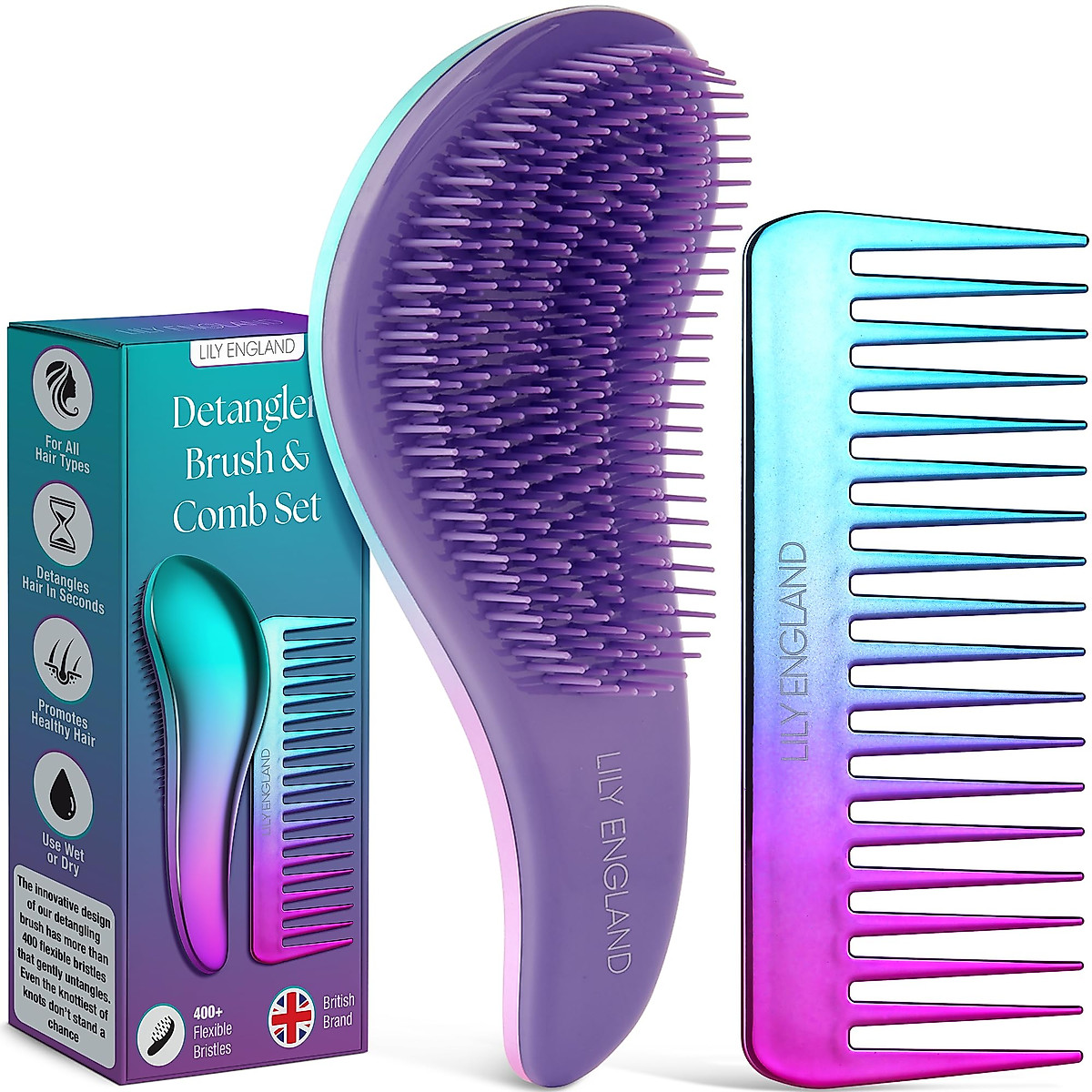 Lily England Detangler Brush & Comb Set - Lightweight Wide Tooth Detangling Tool for Women & Kids - Smooths Curly, Straight, Dry, Fine, & Thick Hair, Purple