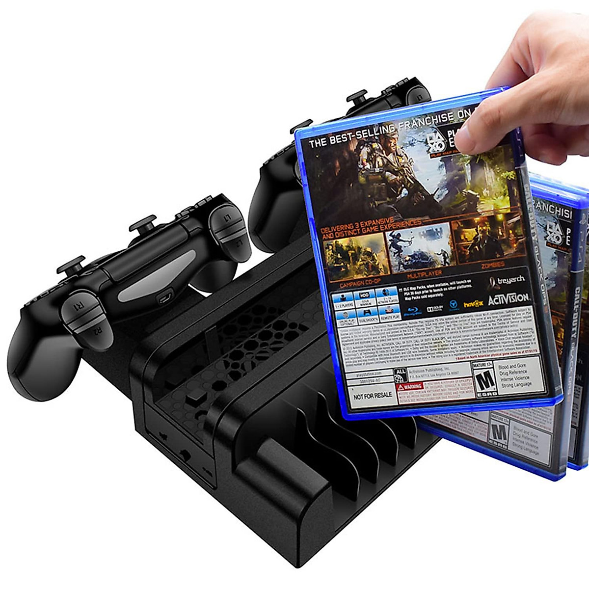 VSEER PS4 Stand Cooling Fan Station for PS4/PS4 Slim/PS4 Pro,PS4 Vertical Charging Station with Dual Controller,PS4 Accessories with Game Storage for PS Consoles