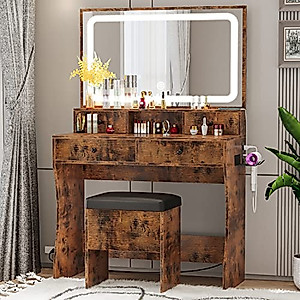 LIKIMIO Vanity Desk with LED Lighted Mirror & Power Outlet & 4 Drawers, Dressing Makeup Table Set with Storage Stool and Hair Dryer Stand, Vintage Brown
