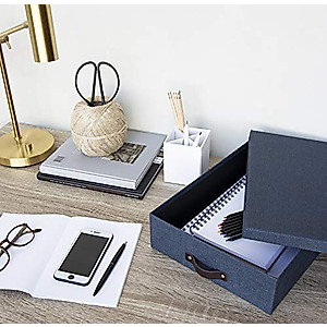 Bigso Oskar Canvas Fiberboard Document Letter Box | File Organizer Document Box for Important Paperwork | Document Storage Box with a Lid & Leather Handle | 3.3″x10.2″x13.8″ | Blue