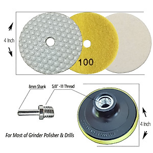 4 Inch Dry Diamond Polishing Pads, 11PCS Wet/Dry Granite Stone Buffing Pad Kit for Marble Concrete Countertop Quartz Tiles, 50-3000 Grit High Temperature Resistance Sand Pad for Drill Grinder Polisher