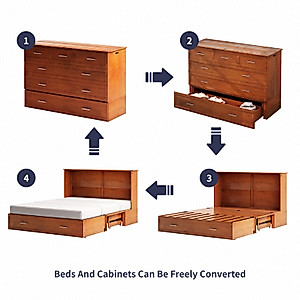 ijuicy Cabinet Murphy Beds with Built-in Charging Station, Solid Wood Cabinet Chest Bed with Folding Mattress, Murphy Cube Chest Bed with Large Drawer for Guest Room, Office-Queen, Cherry