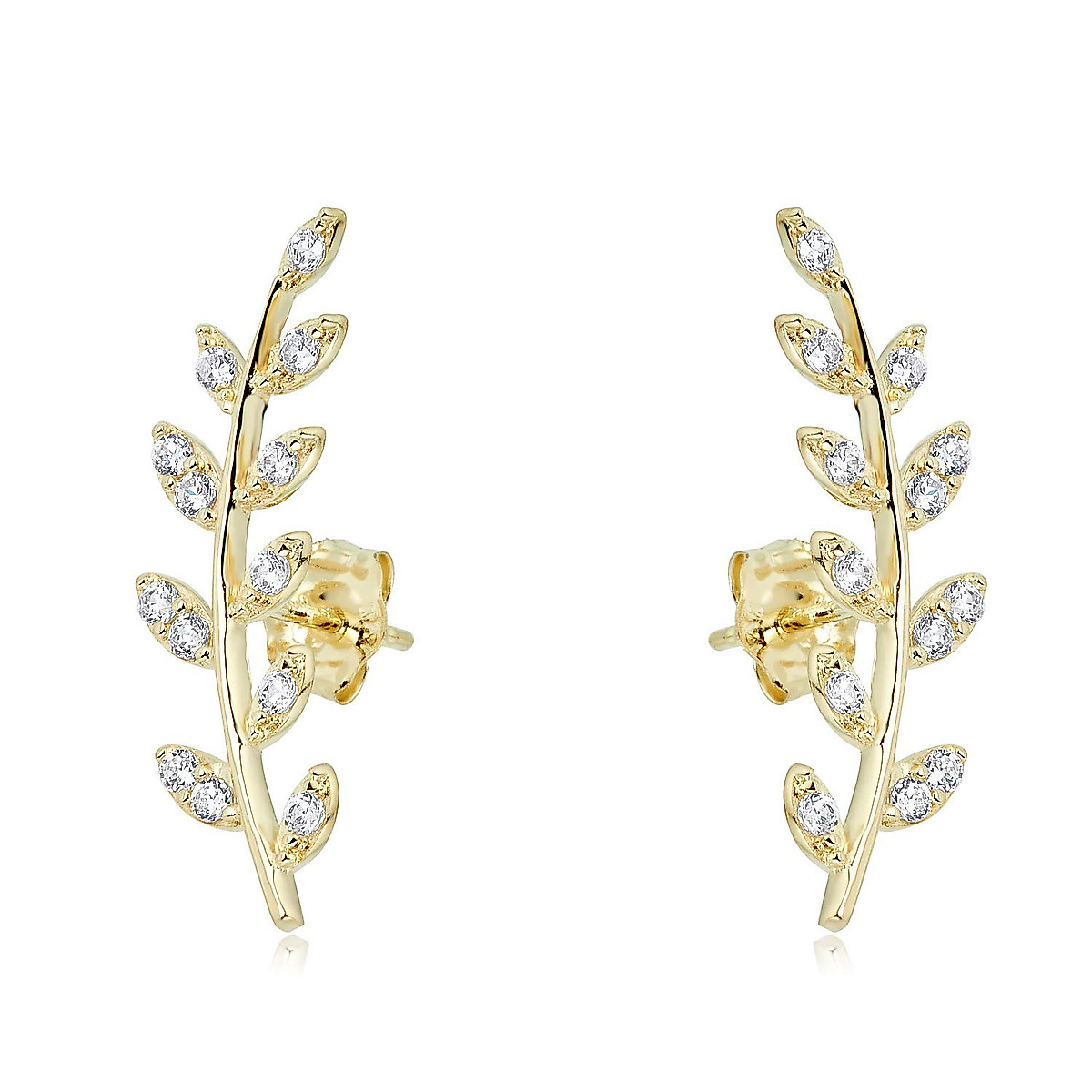 AVORA 10K Yellow Gold Olive Leaf Ear Crawler/Climber Simulated Diamond CZ Earrings