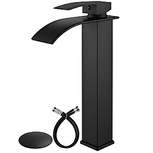 Airuida Vessel Sink Faucet, Matte Black Waterfall Spout Bathroom Faucet, Tall Single Handle One Hole Bowl Mixer Tap, Waterfall Spout Lavatory Vanity with Pop Up Drain
