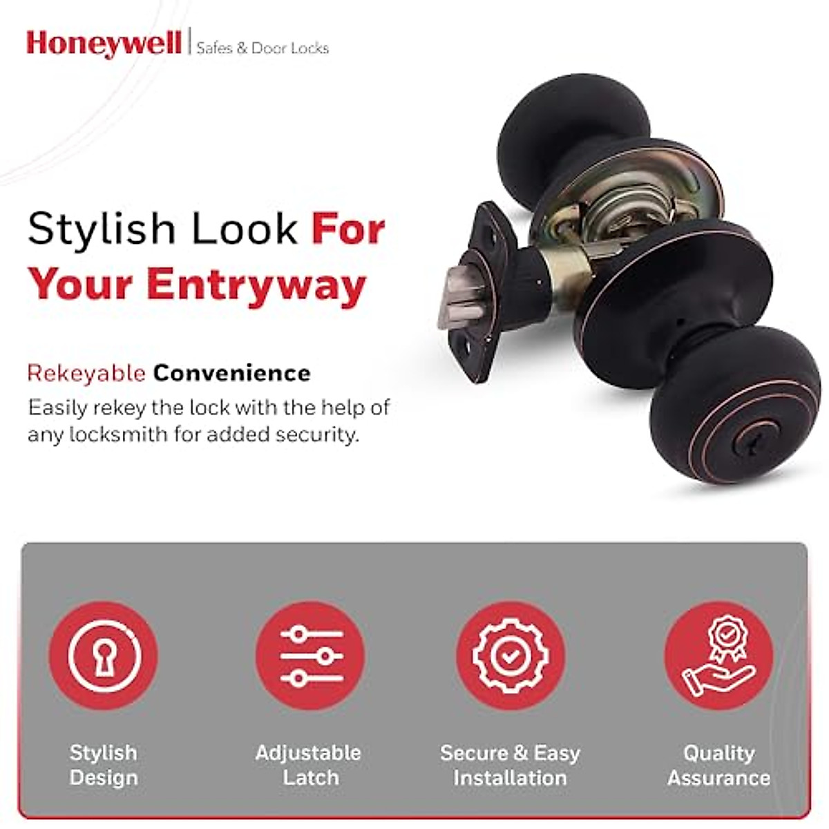 Honeywell Safes & Door Locks - Interior & Exterior Door Knob with Lock & Keys Set - Anti Bump Resistant Front Door Knob for Bedroom & Bathroom - 6.5 x 2.75 x 2.75 in - Oil Rubbed Bronze - 8101401