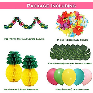 Hawaiian Luau Party Decorations 82Pcs, Tropical Party Balloons, Palm Leaves, Flower Banner, Hibiscus Flowers, Pineapple, for Summer Party Supplies Beach Party Wedding Birthday Party For Adult & Kid