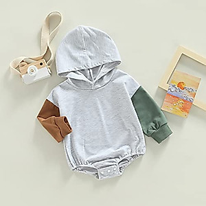 Newborn Infant Unisex Baby Boy Girl Clothes Hooded Oversized Sweatshirt Romper Long Sleeve Hoodie Tops Fall Winter Outfit ( Color Block Light Grey, 3-6 Months )