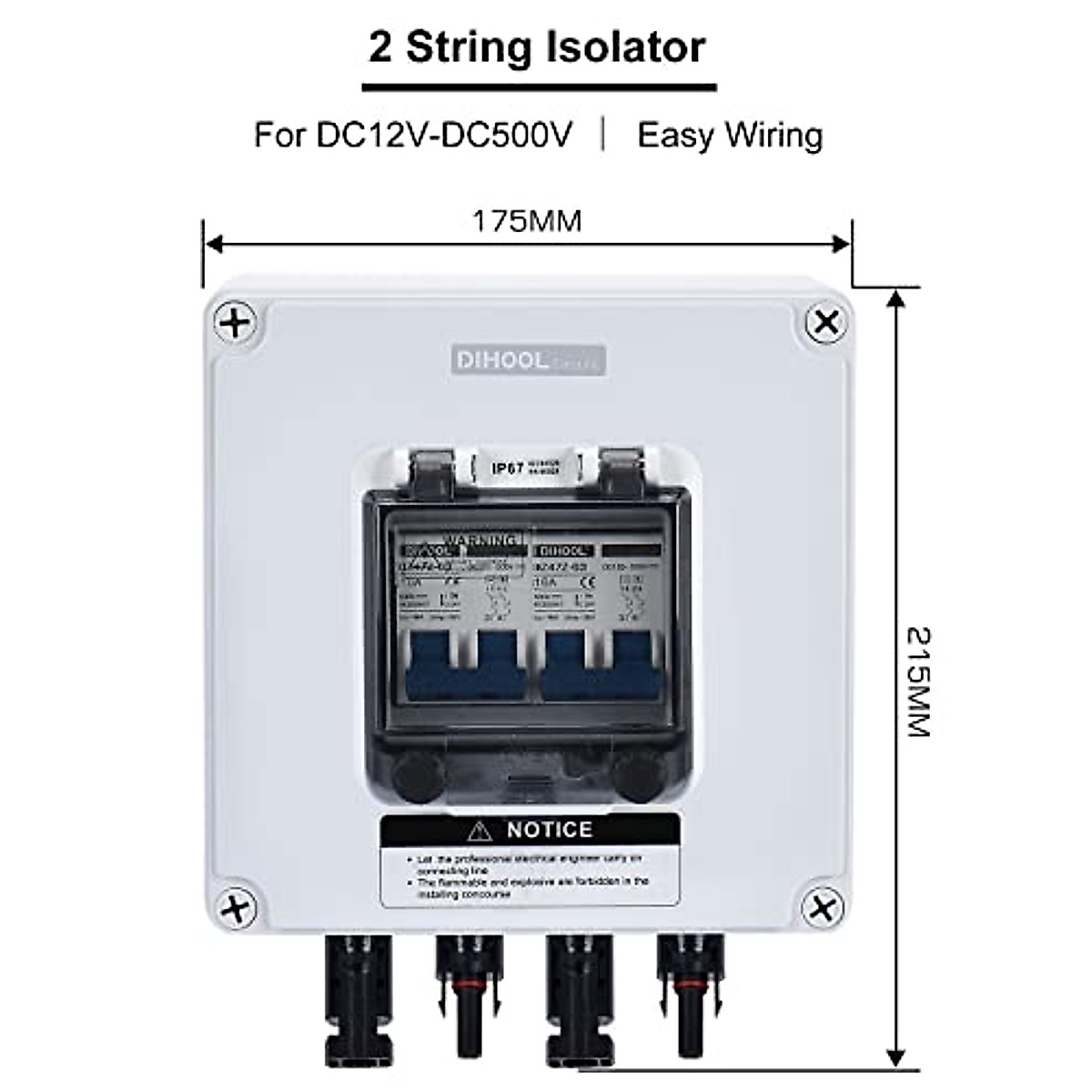 DIHOOL 16 Amp Outdoor Disconnect Box IP66 Waterproof, 2 in 2 Out Miniature Circuit Breakers with Power Distribution Box