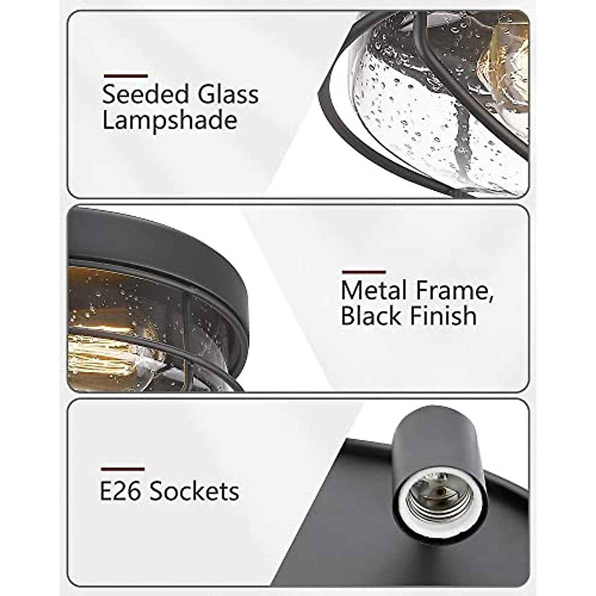 HWH INVESTMENT Flush Mount Ceiling Light Fixtures, 12 inch 2-Light Farmhouse Close to Ceiling Light Fixture with Seeded Glass Shade, Sand Black Finish, 5HTJ7-F BK