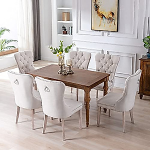 chairus Dining Chairs Set of 2 with Tufted High Back Retro Linen Fabric Upholstered Dining Room Chairs Side Chairs Rustic White Wood Legs Nailhead Trim Ring Pull- Beige 2PCS