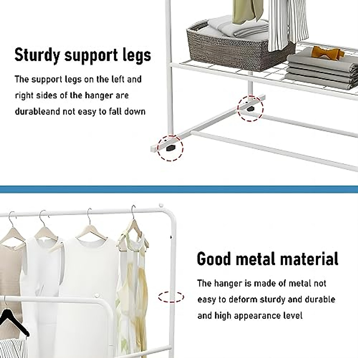 Xshelley Garment Rack Freestanding Clothing Rack Hanger Double Pole Multi-functional Bedroom Clothing Rack, Heavy Duty Metal Clothing Garment Rack with Shelves (White)