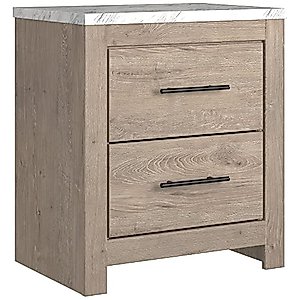Signature Design by Ashley Senniberg Modern 2 Drawer Nightstand with Faux Marble Top, Light Brown & White
