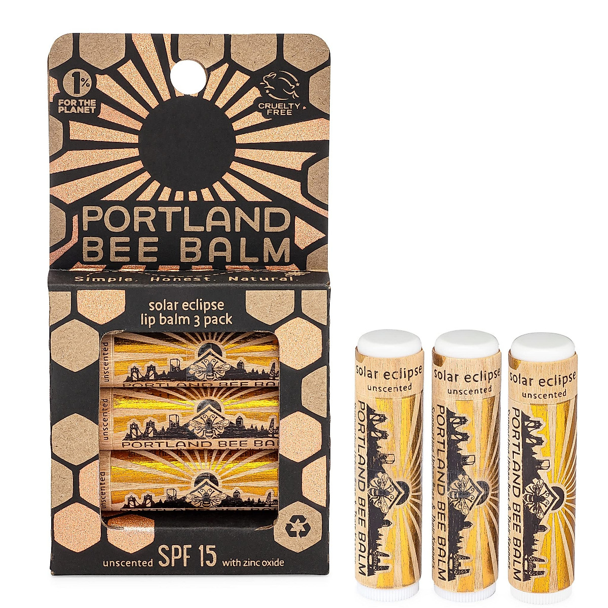 Portland Bee Balm Solar Eclipse All Natural Handmade Beeswax Based SPF 15 Lip Balm, 3 Count