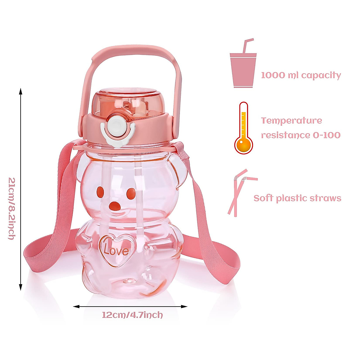 Kawaii Bear Straw Water Bottles Love Large Water Cups Strap for Kids Girls Gifts School Sports Daily Life Milk Tea Juice Travel Drinking Bottled Water Cute Portable Leakproof (Green)