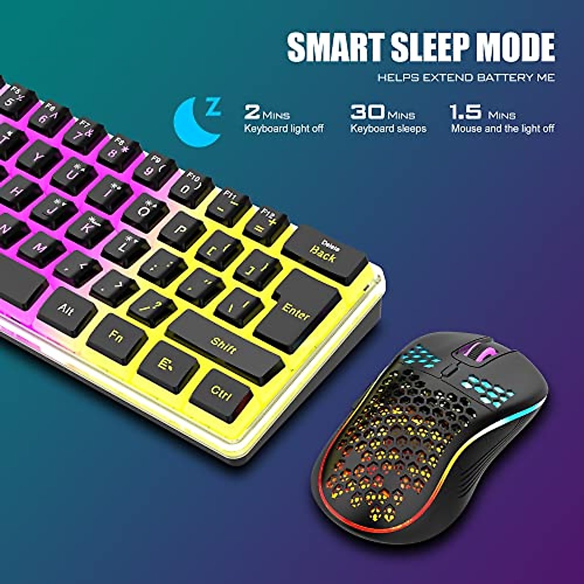 RedThunder 60% Wireless Gaming Keyboard and Mouse Combo, RGB Backlit Rechargeable Battery Mechanical Feel Mini Keyboard with Pudding Keycaps + Lightweight 7200 DPI Honeycomb Optical Mouse (Black)