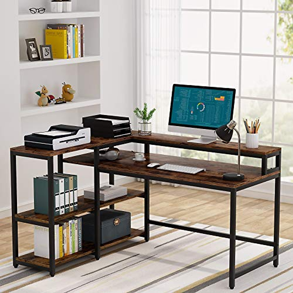 Tribesigns 55 Inch Reversible L Shaped Computer Desk with Storage Shelf, Industrial Corner Desk with Shelves and Monitor Stand, Study Writing Table for Home Office (55" D x 41" W, Rustic Brown)