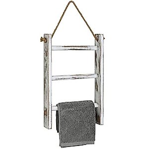 MyGift Rustic Whitewashed Solid Wood Wall Hanging Hand Towel Ladder Drying Rack, 3 Tier Bathroom Washcloth Hand Towel Storage Rack with Hanger Rope