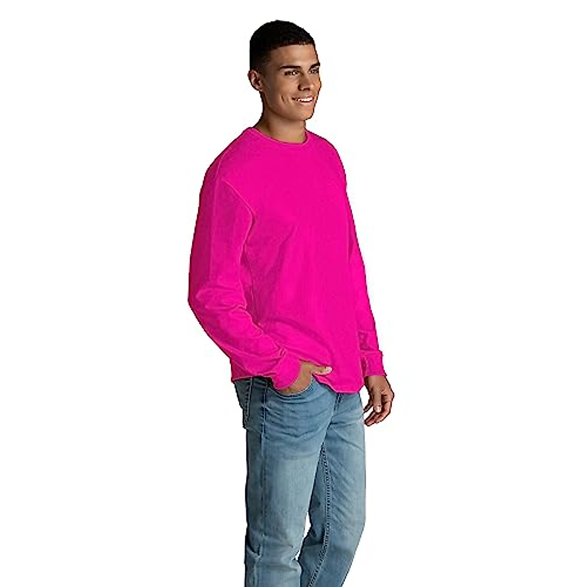 Fruit of the Loom Men's Eversoft Cotton T Shirts, Breathable & Moisture Wicking with Odor Control, Long Sleeve-Cyber Pink