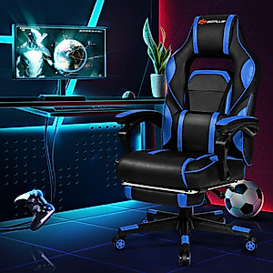 Goplus Massage Gaming Chair, Reclining Backrest, Seat Height Adjustment Racing Computer Office Chair with Footrest, Ergonomic High Back PU Swivel Game Chair (Blue)