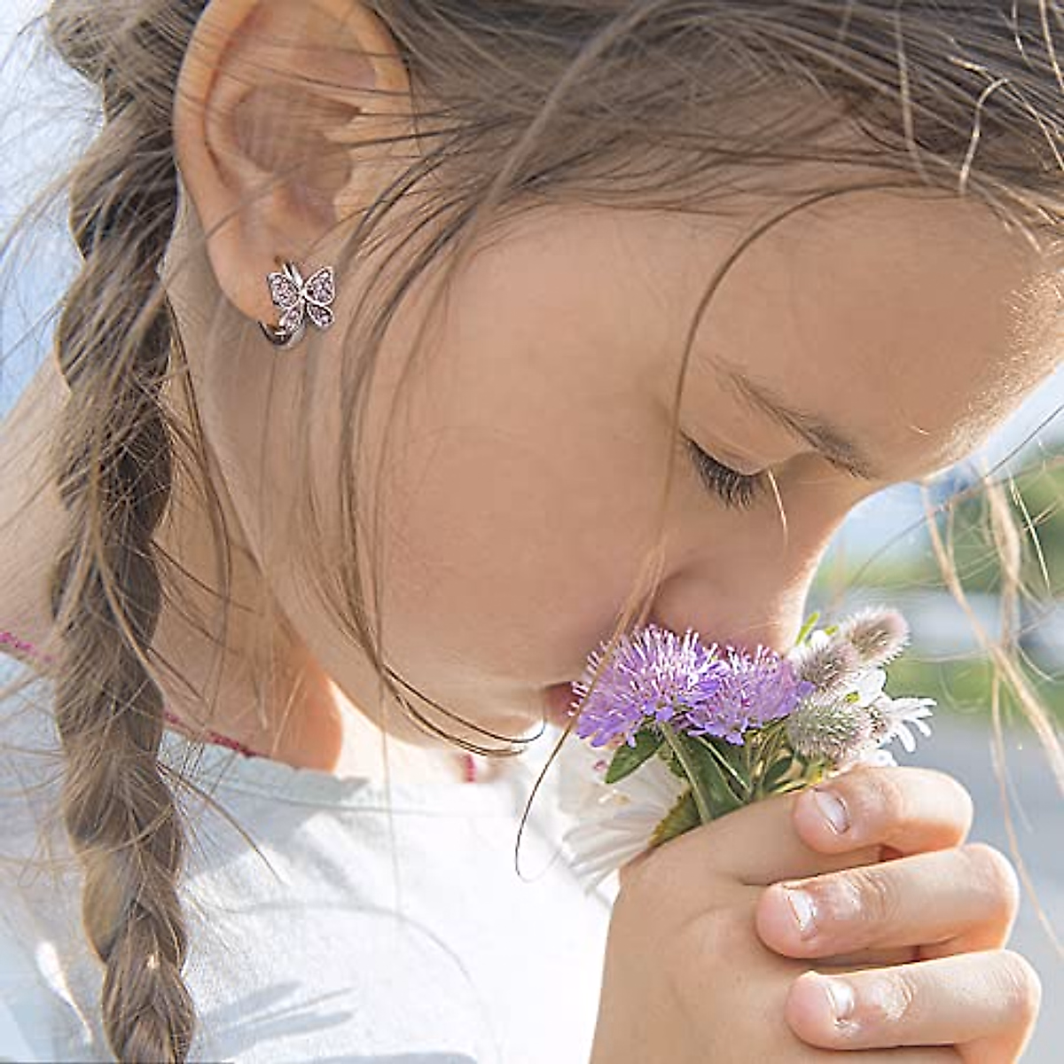 JeryWe Cute Butterfly Sleeper Small Hoop Earring 925 Sterling Silver CZ Crystal Huggie Earring Round Cartilage Tragus Mini Hoops Earring Ear Cuffs Piecing Dainty Jewelry Gifts for Women Sensitive Ears