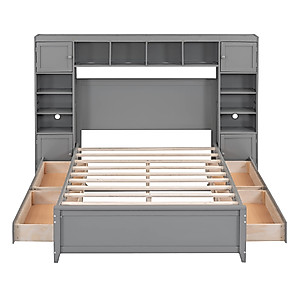 Harper & Bright Designs Full Storage Bed with Bookcase Headboard, Full Size Platform Bed with 4 Storage Drawers, Solid Wood Full Bed Frame with Cabinet and Shelf, No Box Spring Needed (Gray)
