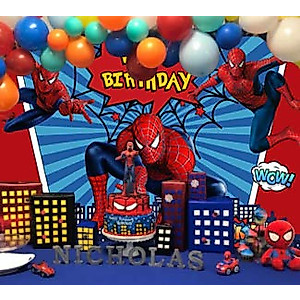 1Superhero City Theme Photography Backdrops Red Blue Stripe Spiderman Children Boys Happy Birthday Party Photo Background 5x3ft Newborn Baby Shower Banner Supplies Cake Dessert Table Decor Props Vinyl