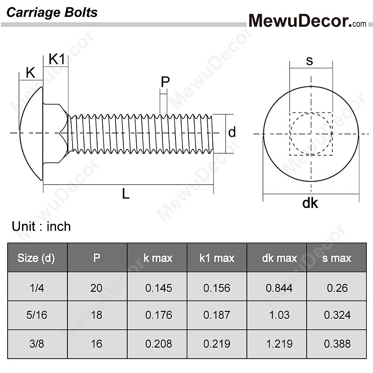 1/4-20 x 3/4" (1/2" to 6" Available) Carriage Bolts Screws, Stainless Steel 18-8 (304), Round Head, Square Neck, Fully Threaded, 25 PCS